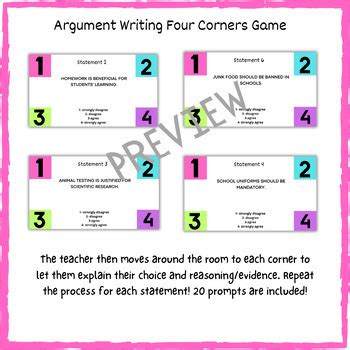 Argument Writing Four Corners Game Th Th Th Grade Argument Writing