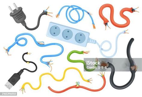 끊어진 케이블 손상된 전선 찢어진 구리 케이블 연결 코드 절연 문제 전류 에너지 전력 위험 전압 회로 위험 깔끔한 벡터 일러스트 레이 션 개념에 대한 스톡 벡터 아트 및