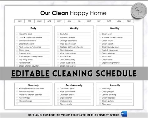 Editable Our Clean Happy Home Cleaning Schedule For Housekeeping