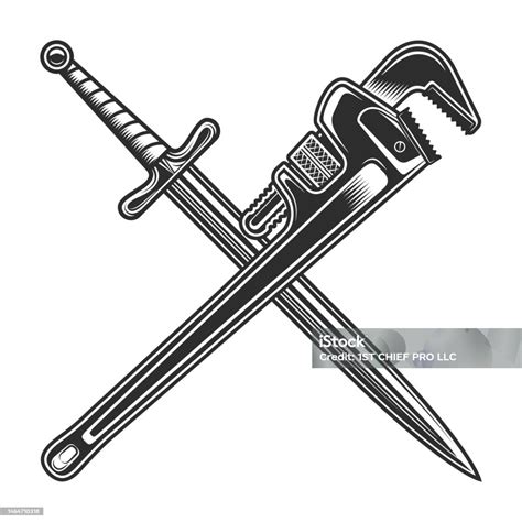 빈티지 검과 바디 샵 정비사 스패너 수리 도구 또는 가스 및 건축업자 배관 파이프에 대 한 건설 렌치 흑백 스타일 벡터 일러스트 레이 션 0명에 대한 스톡 벡터 아트 및