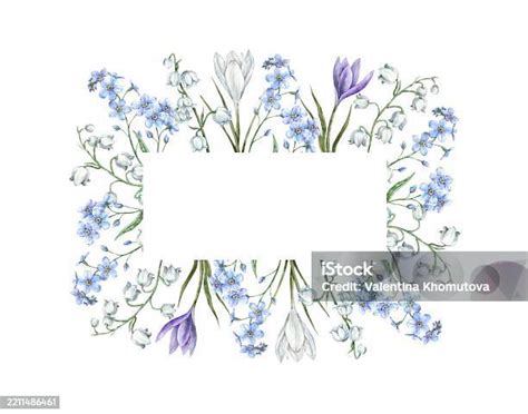 파란색의 섬세한 물망초 흰색과 보라색 크로커스 은방울꽃의 꽃무늬 직사각형 프레임 결혼식 초대장 카드 브랜딩 꽃 포장을 위한 손으로 그린 수채화 프레임 0명에 대한 스톡 벡터