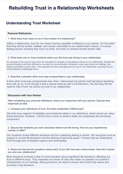 Rebuilding Trust in a Relationship Worksheets PDF & Example | Free PDF Download