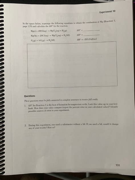 Experiment Part B Enthalpy Changes For Reactions Chegg