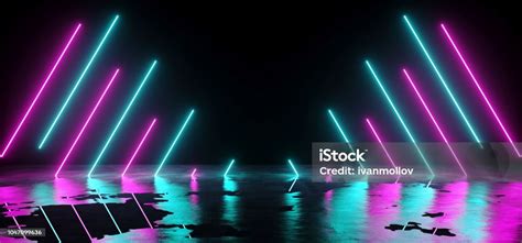 현대 미래 공상 과학 Refelctive 그런 지 젖은 보라색과 파란색 튜브 조명 클럽 배경 3d 렌더링을 적 열 하는 네온을