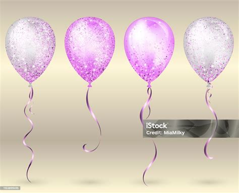 반짝이는 흰색과 보라색 반짝 현실적인 3d 헬륨 풍선 골드 리본과 반짝이 반짝임 생일 파티 브로셔 초대장 카드 또는 베이비 샤워를 위한 완벽 한 장식 고무에 대한 스톡 벡터