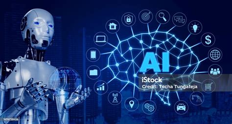 블루 시티 배경에 가상 디지털 세계와 관리 아이콘을 들고 있는 3d 로봇 Iot 사물 인터넷 Ai 로봇 비즈니스 개발 및 기술 개념을 가진 인공 지능 인공지능에 대한 스톡