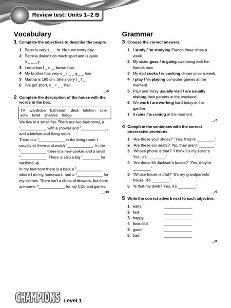champions level 1 review test units 1 2 b pdf bedroom home