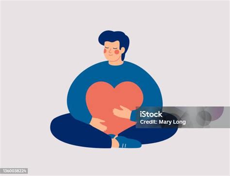 청년은 마음 챙김과 사랑으로 큰 빨간 마음을 품는다 웃는 소년은 눈을 감은 눈으로 연꽃 포즈를 취하고 자유와 삶을 즐긴다 웰빙에 대한 스톡 벡터 아트 및 기타 이미지