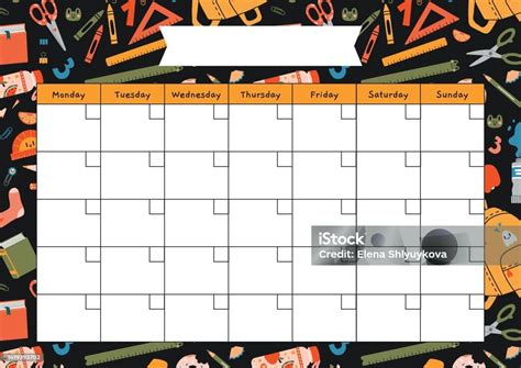 귀여운 월간 달력 템플릿 학교 문구 및 미술 용품 만화 스타일 인쇄 가능한 A4 용지 시트 글머리 기호 저널 페이지 플래너 트렌디 한 현대 벡터 일러스트 레이 션 손으로