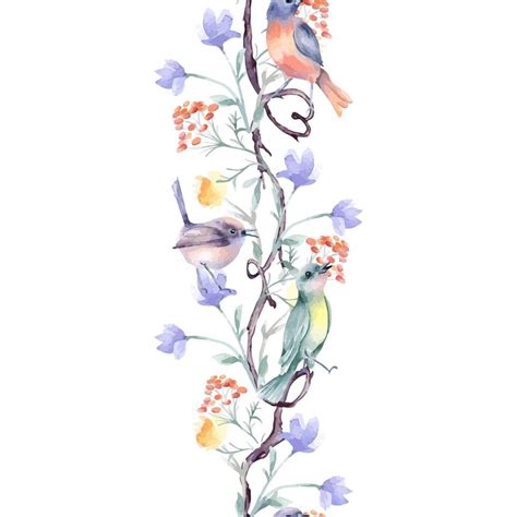 Vertical Seamless Border With Colorful Birds On Vine Hearts Shape By