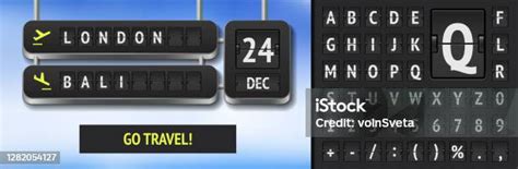 투어 날짜와 검은 공항 시간표 어두운 배경에 점수판 글꼴 플립 공항 보드 글꼴 템플릿과 항공편 및 기차 여행 광고 배너에 대한 항공사 출발 보드 제어판에 대한 스톡 벡터