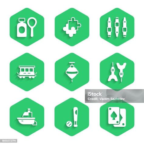 세트 소용돌이 장난감 야구 방망이 공 카드 놀이 다트 화살 장난감 보트 여객 열차 차량 마커 펜 및 비눗방울 병 아이콘 벡터 겨냥에 대한 스톡 벡터 아트 및 기타 이미지