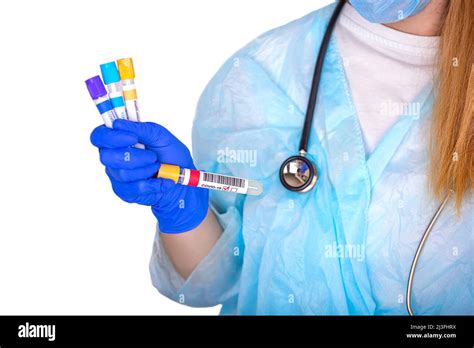 A Girl A Medical Worker Holds Test Tubes With A Positive Test Result For Covid 19 Close Up