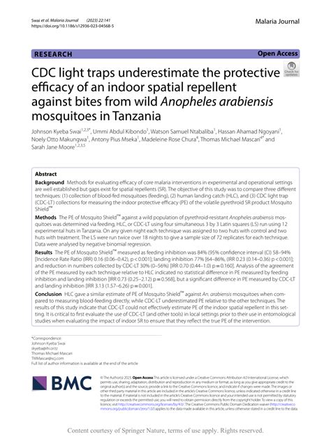 Pdf Cdc Light Traps Underestimate The Protective Efficacy Of An Indoor Spatial Repellent