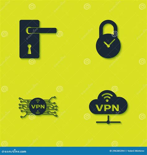 Set Door Handle VPN Network Cloud Connection With Microchip Circuit And Padlock Clock Icon