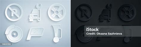 자동차 거울 휠 캘리퍼가 있는 브레이크 디스크 차량의 신호 경적 서비스 및 주차 금지 정지 아이콘을 설정합니다 벡터 3차원