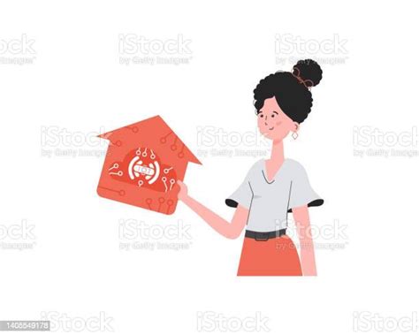 사물 인터넷 및 자동화 개념 소녀는 허리에 표시됩니다 한 여성이 집 아이콘을 손에 들고 있습니다 격리 트렌디 한 평면 스타일의 벡터 일러스트레이션 가상현실에 대한 스톡 벡터
