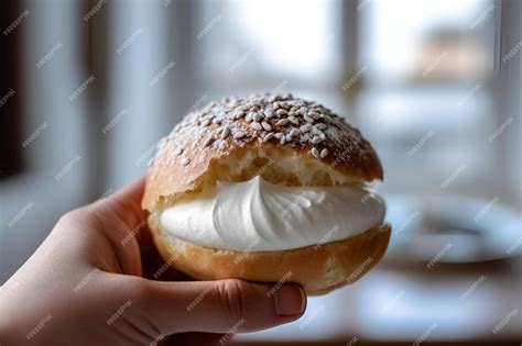 Premium Photo Swedish Semla Bun With Whipped Cream In Hand