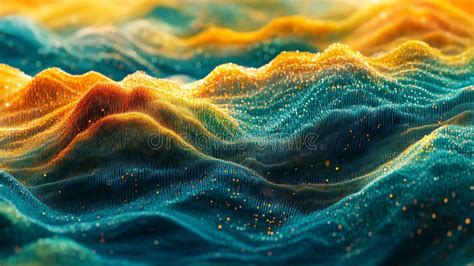 Abstract Digital Landscape With Glowing Waves Of Golden And Teal Particles Creating A