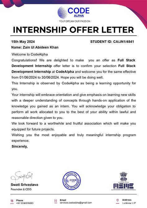 zain ul abideen khan on linkedin codealpha internship opportunity grateful learning growth