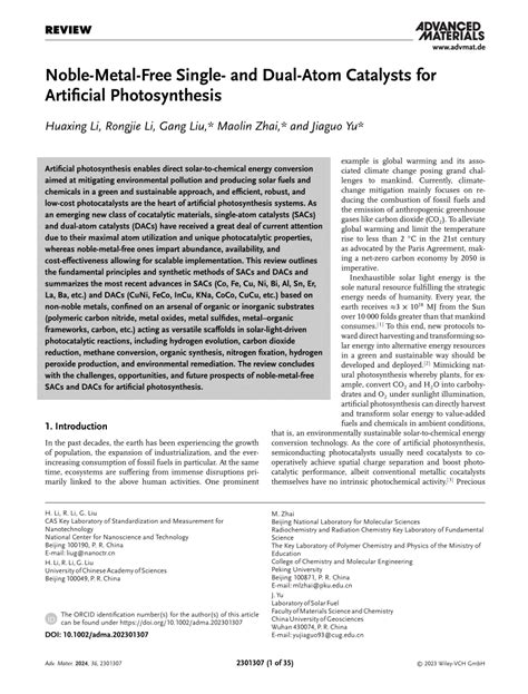 Noble Metal‐free Single‐ And Dual‐atom Catalysts For Artificial