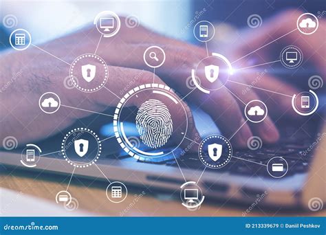 Biometric Verification Concept With Man Hand On Laptop Keyboard And Digital Fingerprint And