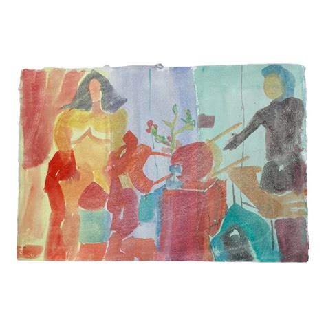 1980s Original Abstract Female Nude Figure And Figure In Interior