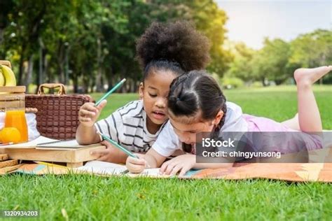 여름 공원에서 색깔의 연필로 누워 그림을 그리는 두 명의 미국인 아프리카 어린 소녀 행복을 느끼고 야외 교육 개념을 느낍니다 2명에 대한 스톡 사진 및 기타 이미지 Istock