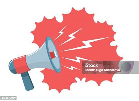 빨간 배경에 확성기 흰색 번개 표시가 있는 확성기 대중 연설 장비 프로모션 및 광고 기호 프로모션이 발표됩니다 만화 평면 격리 벡터 개념 개념에 대한 스톡 벡터 아트 및