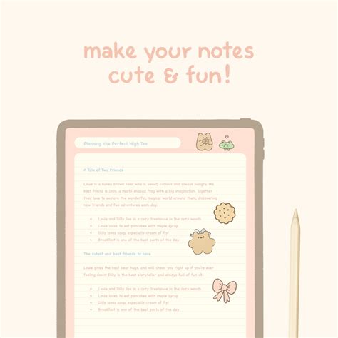 Cute Pink Digital Notebook Template High Tea Goodnotes Samsung Notes Cute Bear And Frog Stickers