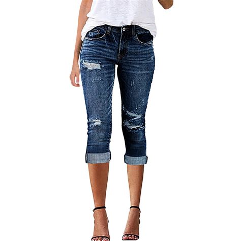 Womens Capri Jeans Casual And Fashionable Perforated Elastic Denim