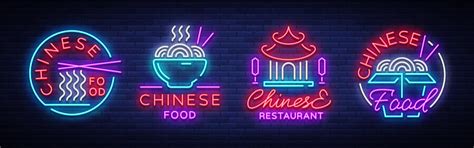 Chinese Food Set Of Logos Collection Neon Sign Billboard Bright Night