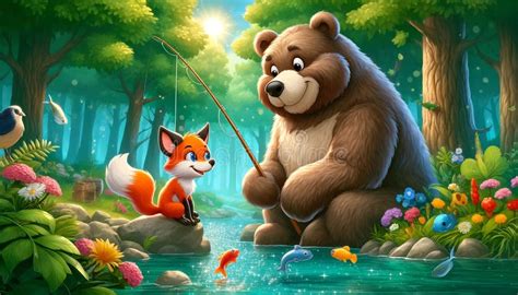A Cartoon Fox And Bear Enjoying A Day Of Fishing Stock Illustration