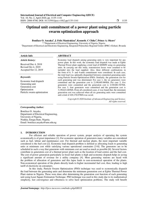 Pdf Optimal Unit Commitment Of A Power Plant Using Particle Swarm