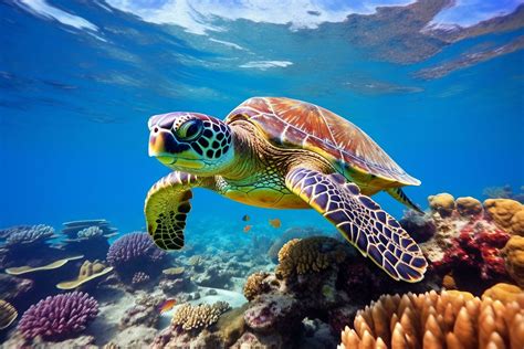Green Sea Turtle Swimming Near Beautiful Coral Reef Under Water Sea