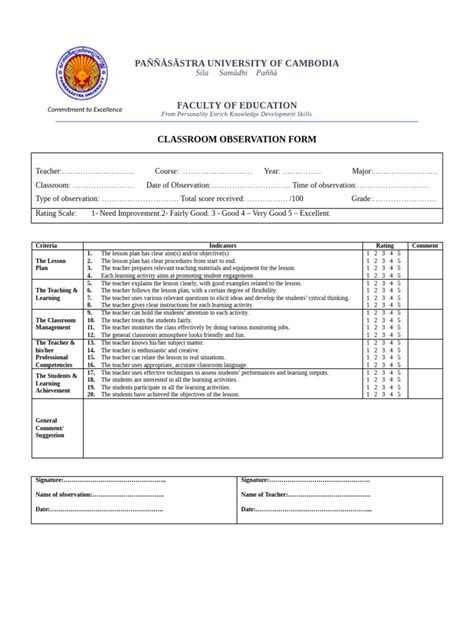 Classroom Observation Form Pdf Teachers Lesson Plan
