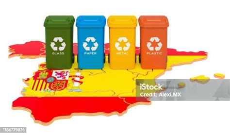 스페인의 폐기물 재활용 스페인지도에 컬러 쓰레기통 흰색 배경에 고립 된 3d 렌더링 0명에 대한 스톡 사진 및 기타 이미지 0명 3차원 형태 감소 Istock