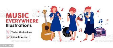 플랫 사람들은 음악을 듣고 있습니다 헤드폰과 이어폰을 가진 고립된 성인과 십 대 여성 세트 스마트폰에 대한 스톡 벡터 아트 및 기타 이미지 Istock