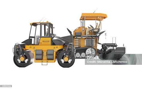 건설 기계 아스팔트 스프레더 기계 및 도로 롤러 작업 3d 렌더링 흰색 배경 에 그림자 없음 0명에 대한 스톡 사진 및 기타 이미지 Istock