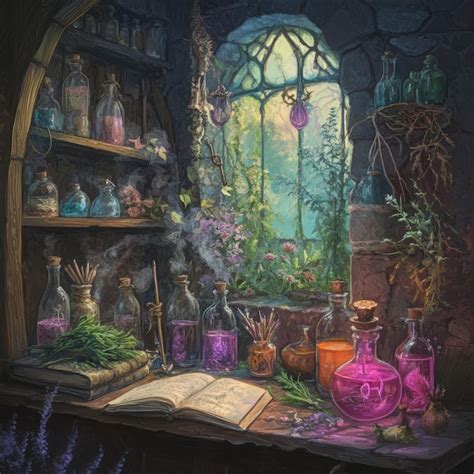 A Magical Potion Brewing Station With A Window Overlooking A Lush Garden Premium Ai Generated