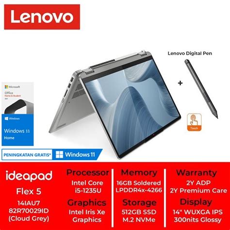 Jual Lenovo IP FLEX5 14IAU7 Ci5 1235U 16GB 512GB SSD 14 WUXGA TS W11 OHS Storm Grey 82R70029ID