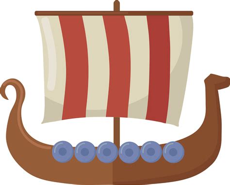 A Clipart Image Of A Viking Ship With A Striped Sail And Blue Shields