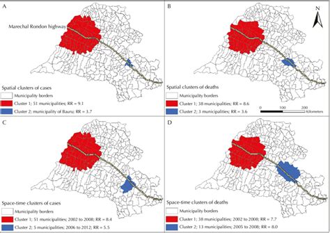 Spatial Clusters Of Cases A And Deaths B And Space Time Clusters Of Download Scientific