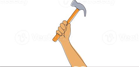 Single Continuous Line Drawing Of Man Holding Hammer Steel Handyman Tools Concept One Line