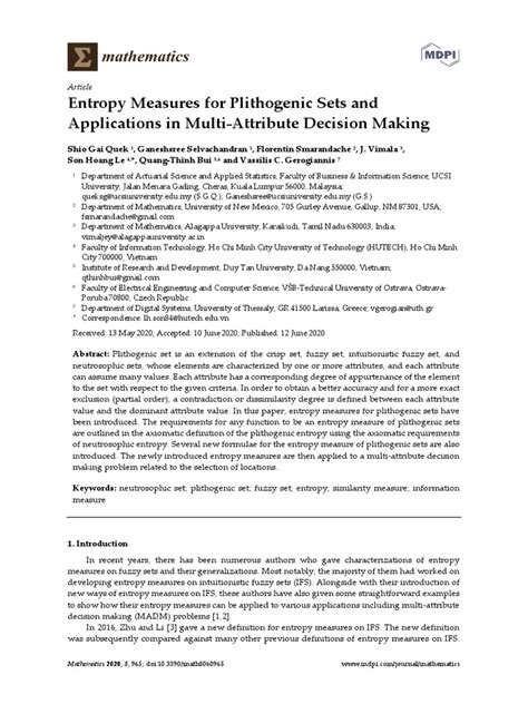 Entropy Measures For Plithogenic Sets And Applications In Multi Attribute Decision Making Pdf
