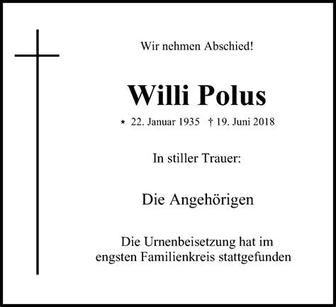 Traueranzeigen Von Willi Polus Trauer In Nrw De