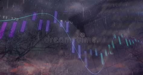 Image Of Data Processing And World Map Over Rain Falling Against Tall Building Stock