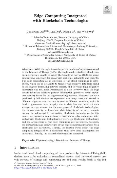 Pdf Edge Computing Integrated With Blockchain Technologies