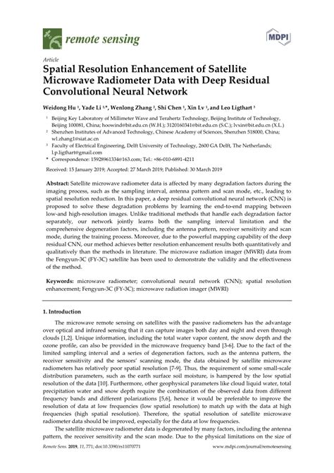 Pdf Spatial Resolution Enhancement Of Satellite Microwave Radiometer Data With Deep Residual