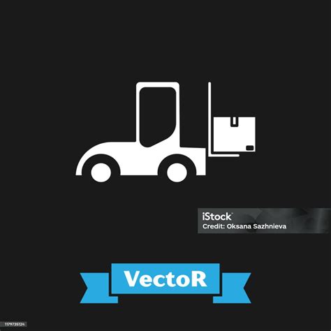 흰색 지게차 트럭 아이콘은 검은 색 배경에 격리 포크 로더 와 골판지 상자 화물 배달 운송 운송 벡터 일러스트레이션 교통수단에